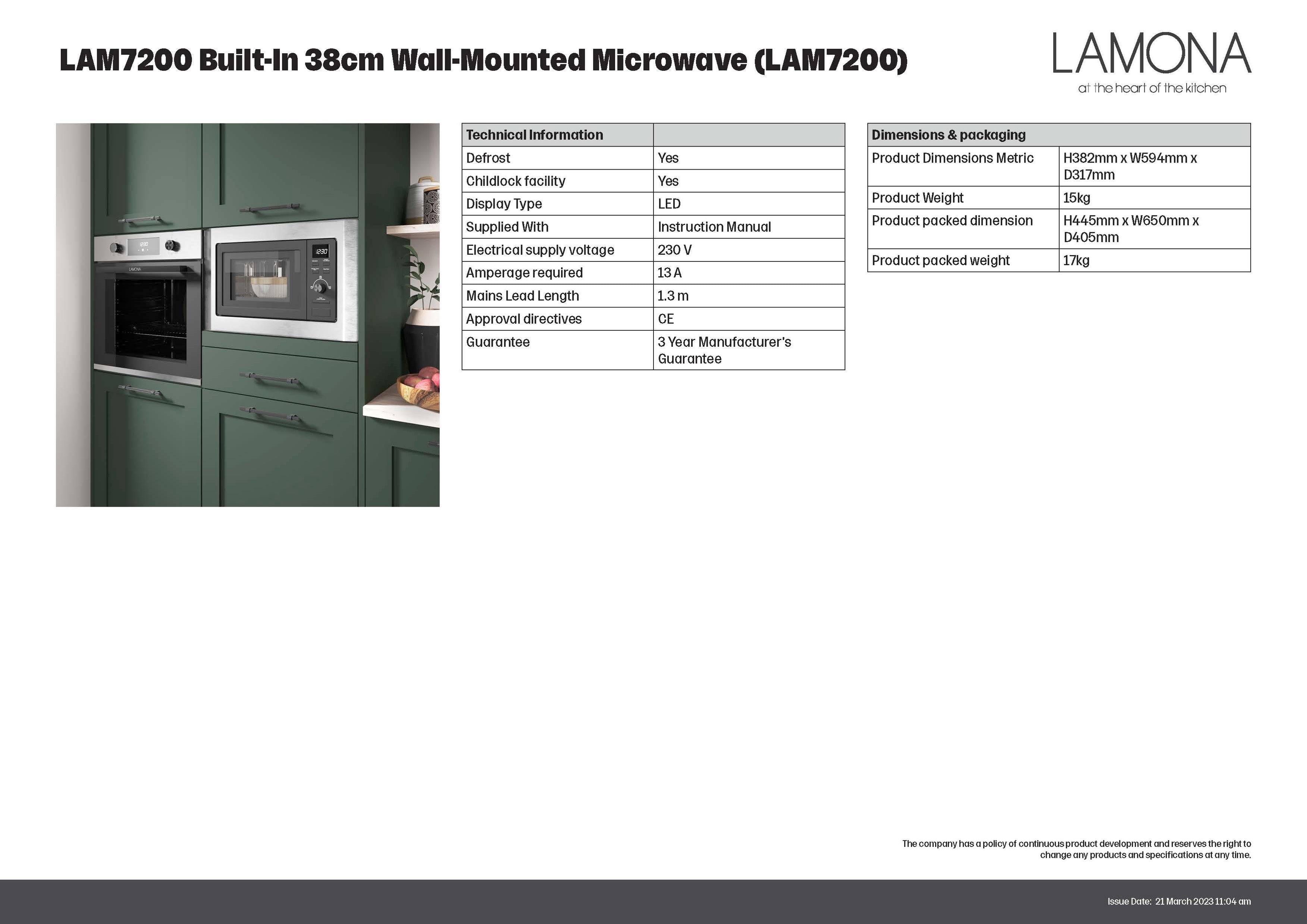 LAM7200 Lamona Wall Mounted 38cm Stainless Steel Microwave